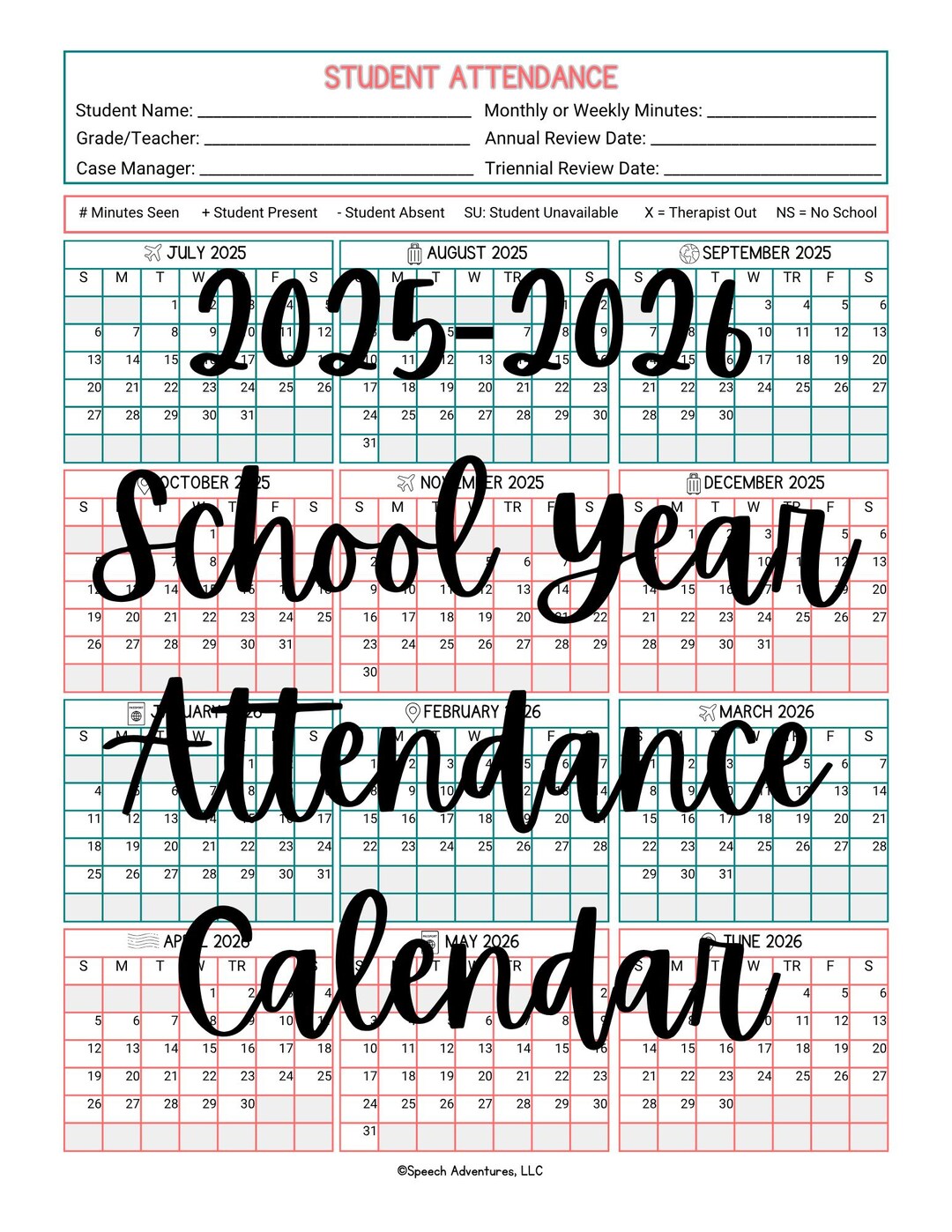2025-2026 School Year Speech Therapy Student Attendance Calendar ...