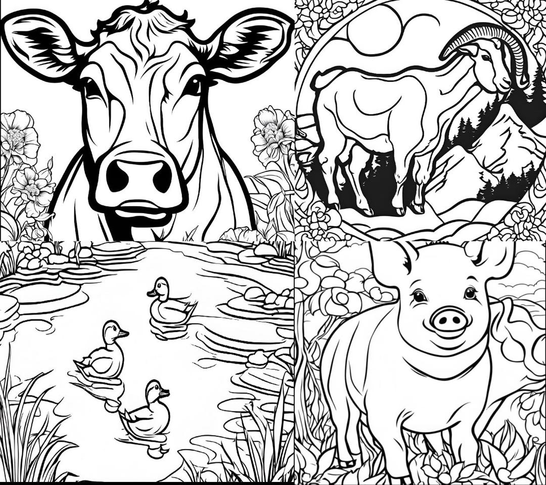 Barnyard Bliss Coloring Pages, Farm Animals Cow, Pig, Chickens, Goat ...