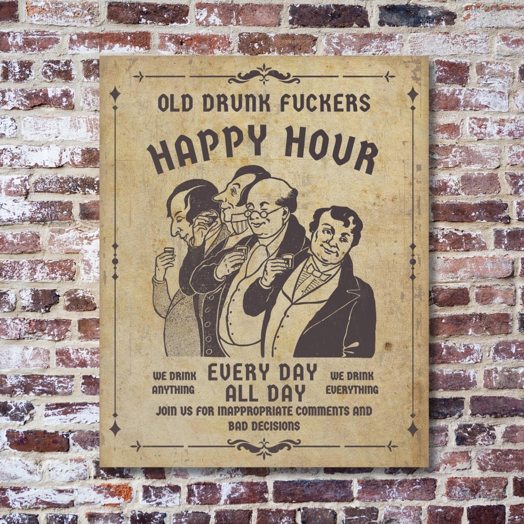Vintage Happy Hour Metal Wall Art Sign Funny Man Cave Decor Old Drunk ...