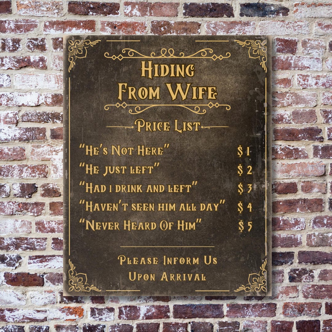 Vintage Bar Decor - Hiding From Wife Price List - Funny Metal Wall Art ...