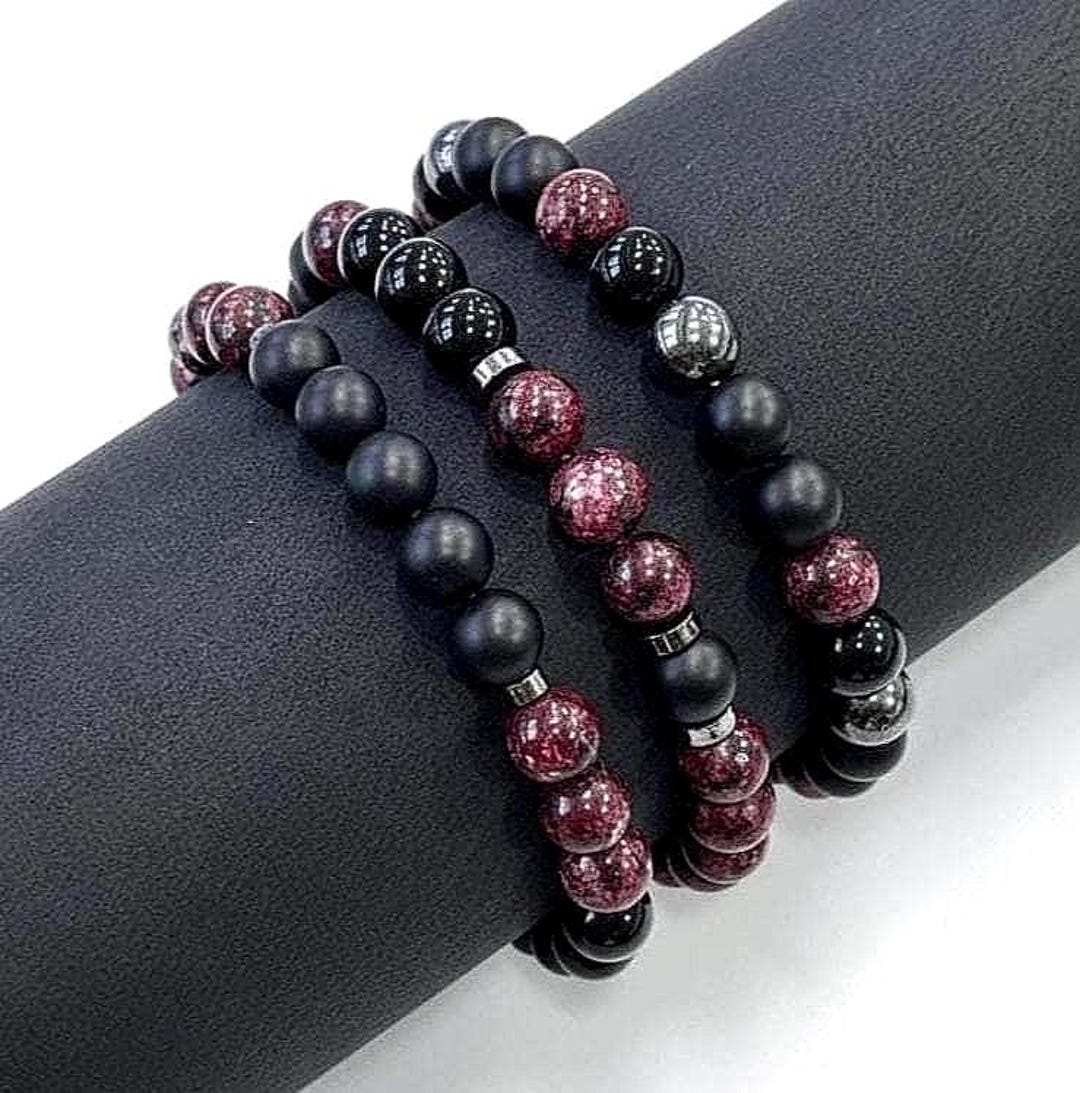 Maroon Jade Bracelets, Black Onyx & Hematite Gemstones, Unisex Bohemian ...