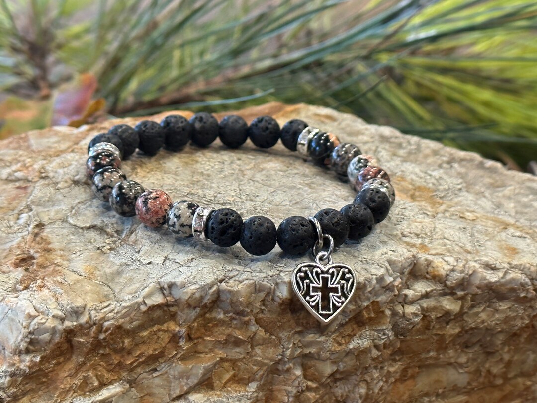 Red Snowflake Obsidian Bracelet, Lava Rock Gemstones, Filigree Heart ...