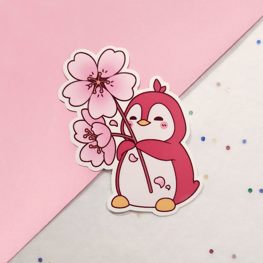 Cute Cherry Blossom Penguin Vinyl Sticker || Kawaii Sticker, Waterproof ...