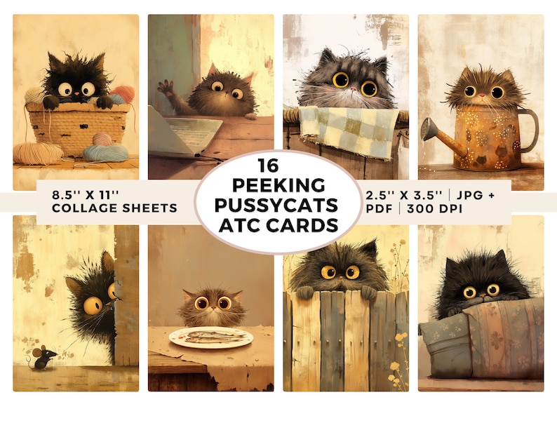 16 Peeking Pussycats ATC Cards, Printable Collage Sheet, Cat Art ...