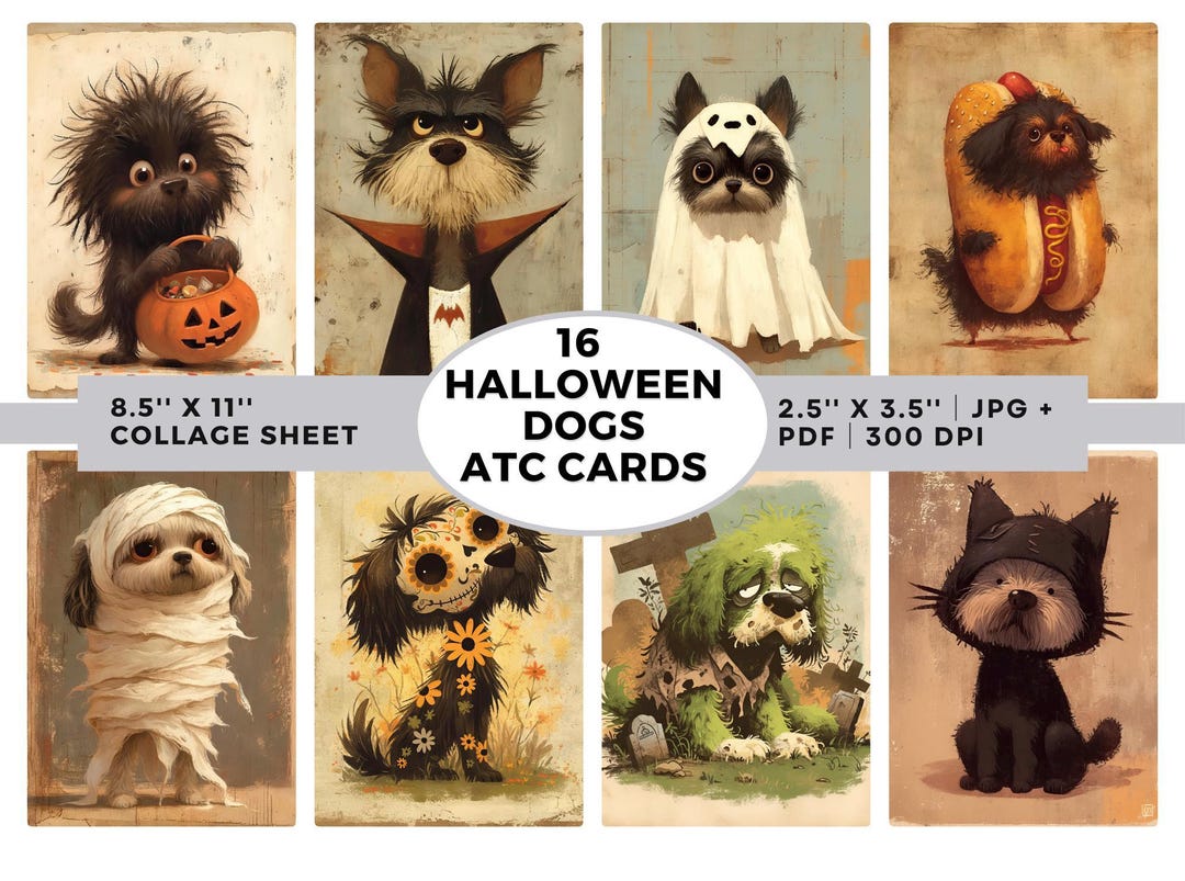 Whimsical Halloween Dogs ATC Cards: Printable Collage Sheet (digital ...