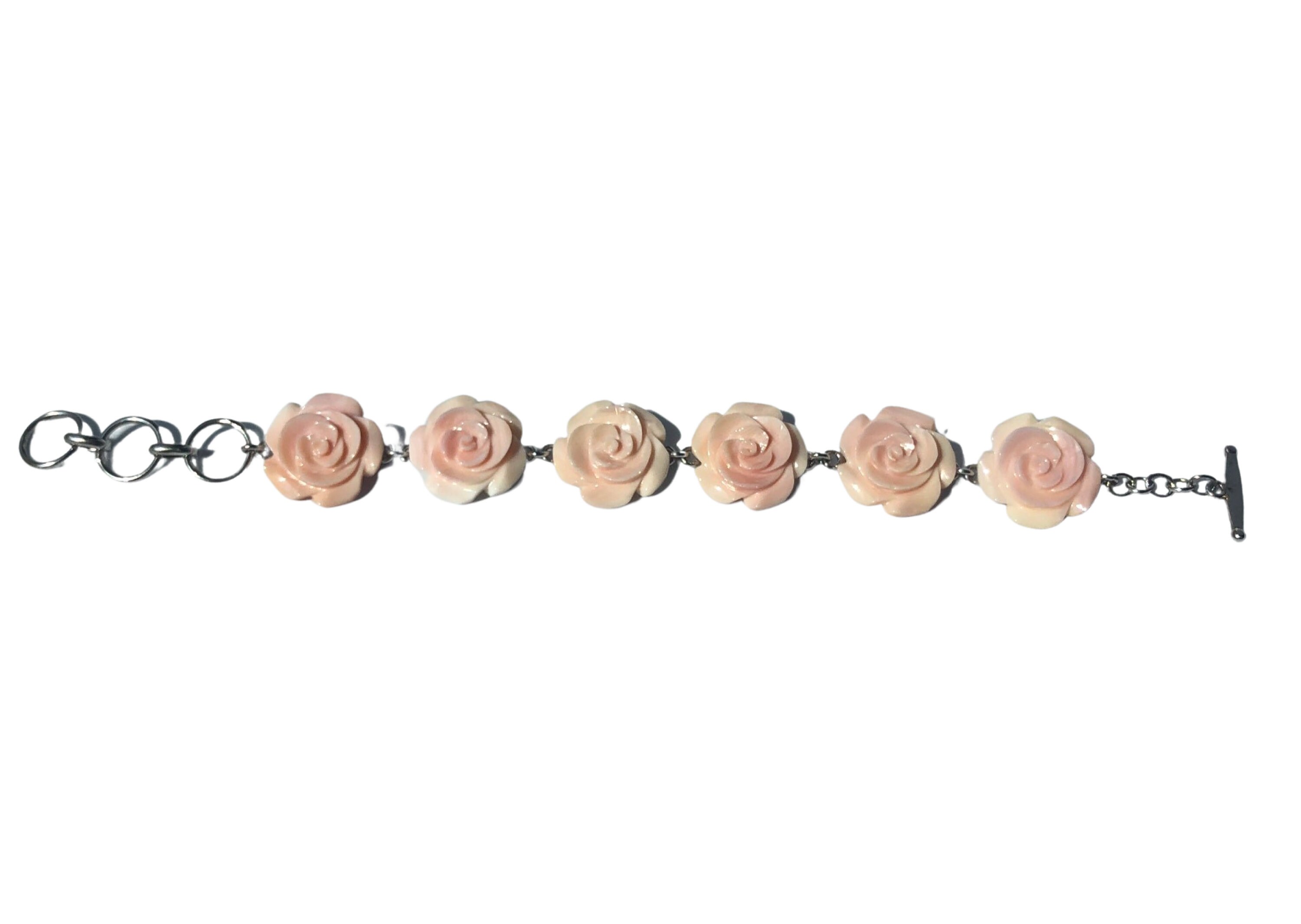 Hand Carved Natural Queen Conch Roses Bracelet, Sterling Silver Link ...
