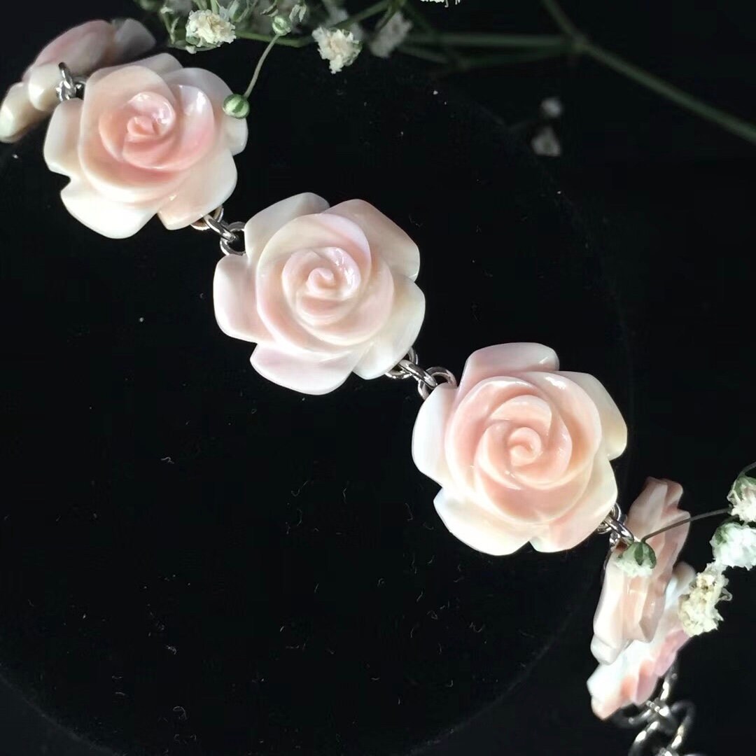 Hand Carved Natural Queen Conch Roses Bracelet, Sterling Silver Link ...