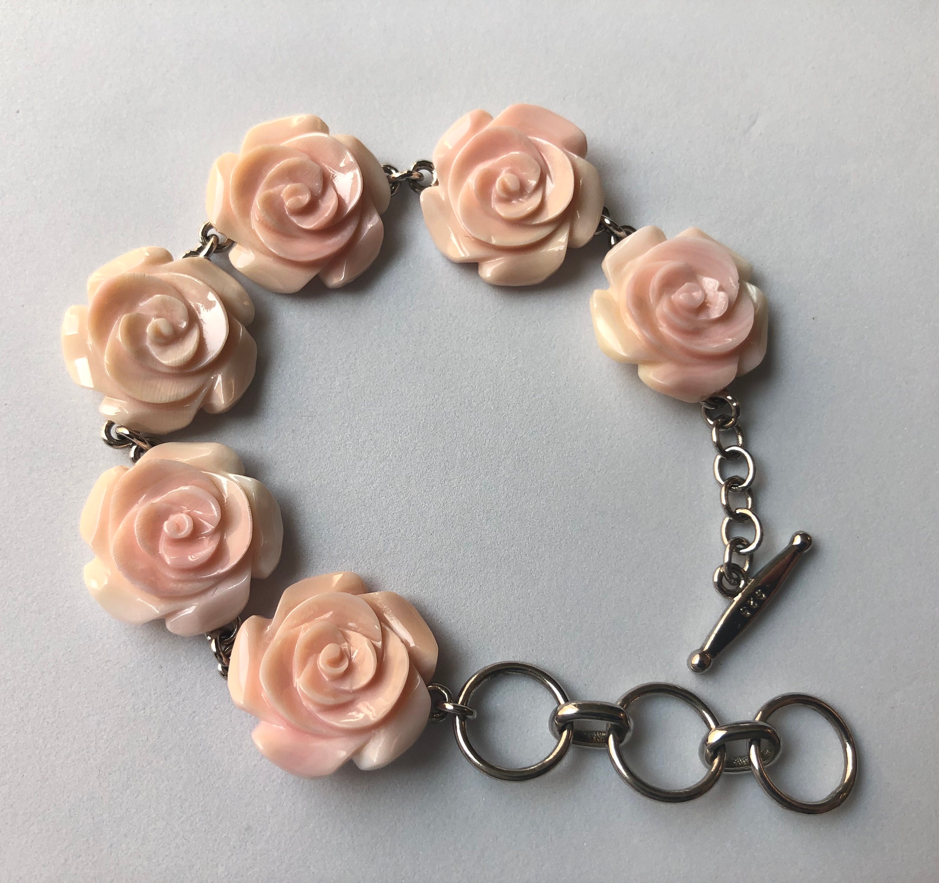 Hand Carved Natural Queen Conch Roses Bracelet, Sterling Silver Link ...