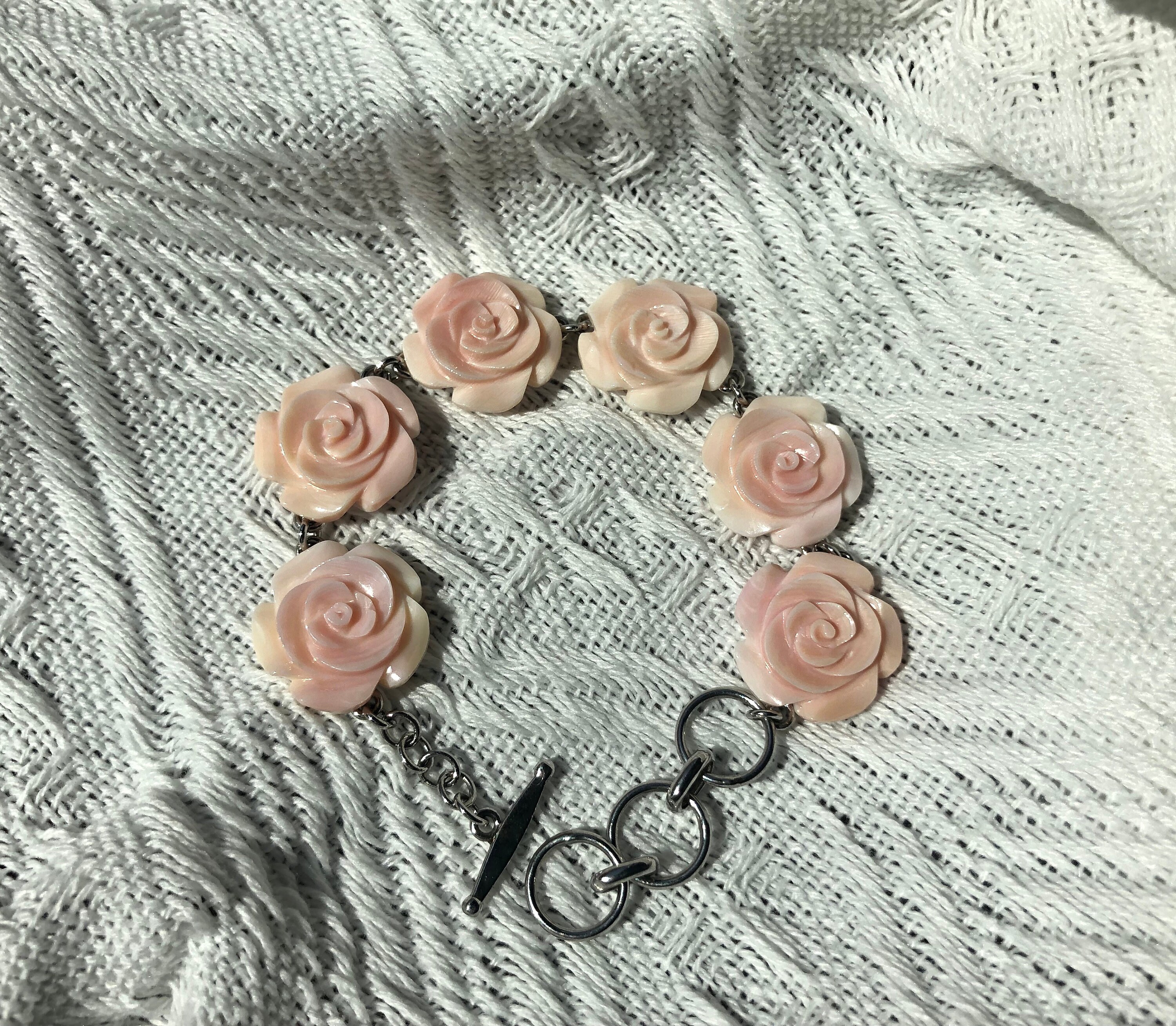 Hand Carved Natural Queen Conch Roses Bracelet, Sterling Silver Link ...