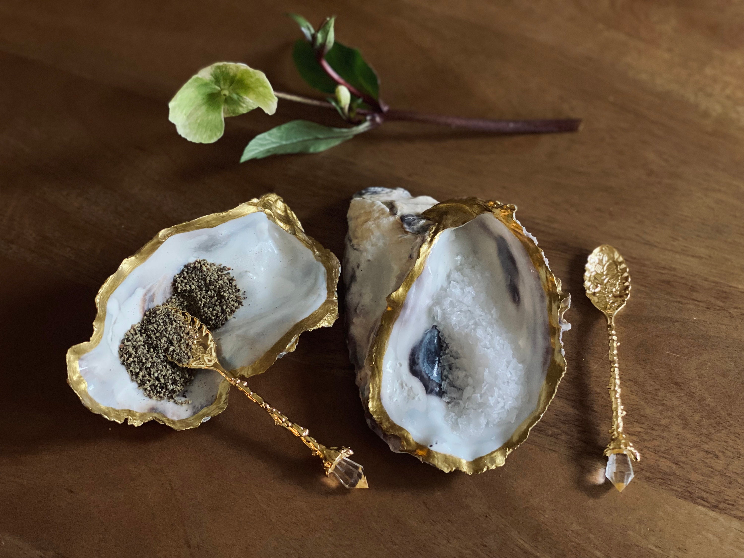 Gold Oyster Shell Salt and Pepper Cellar Set: Unique Kitchen Decor - Etsy
