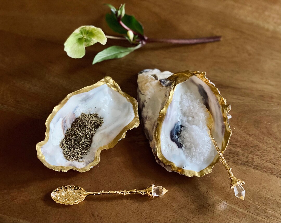 Gold Oyster Shell Salt and Pepper Cellar Set: Unique Kitchen Decor - Etsy