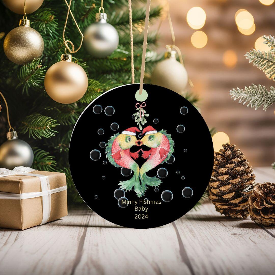 Personalized Merry Fishmas Couple Ornament, Cute Snuggly Fishies, Punny ...