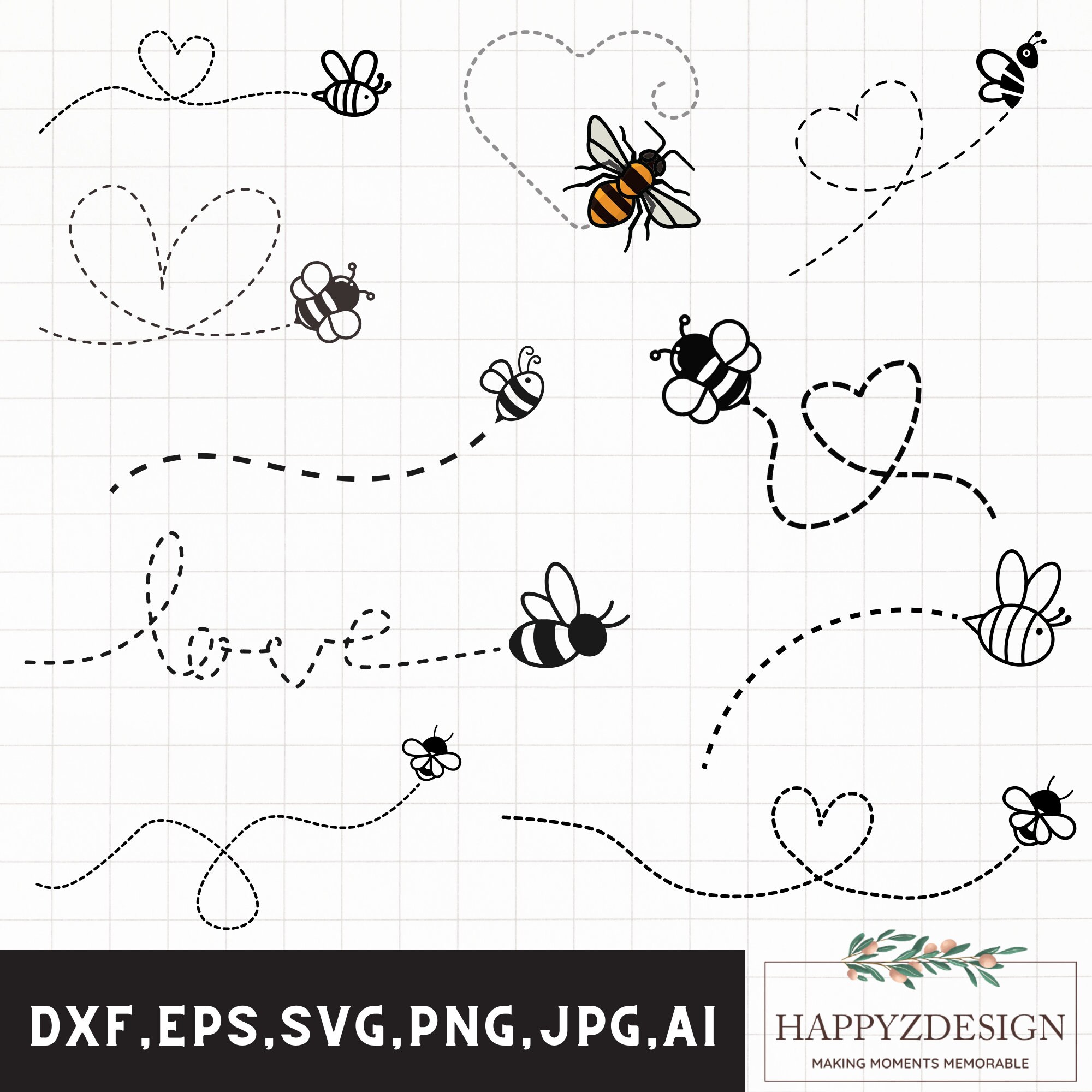 Bee Path Svg Bee Trails Svg Honey Bee Path Svg Designs Bundle Bumble Bee Flying Bee Heart