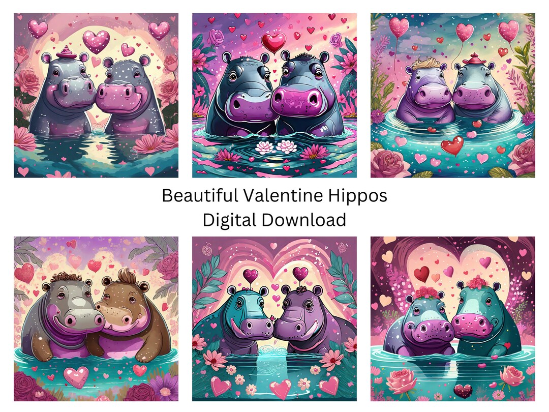 Animal Valentine's Day Hippo Printables, Colorful V-day Cards Wall ...