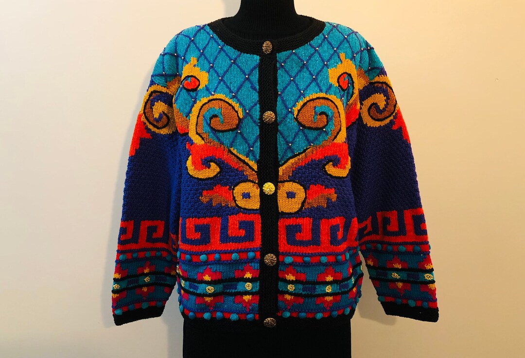 Vintage Handknit Intarsia Cardigan Sweater - Etsy