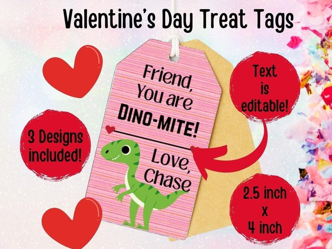 Dinosaur Kid Printable Valentine's Day Treat Bag Tags, Dino Exchange ...