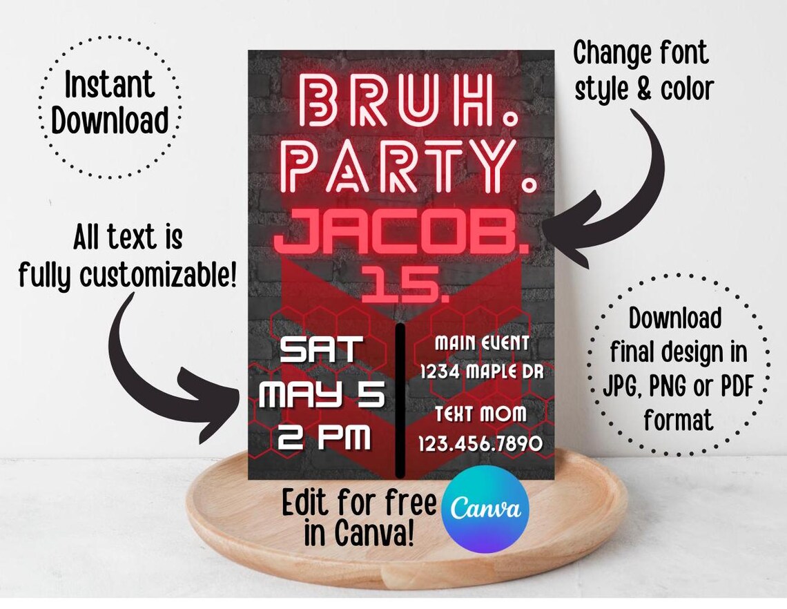 Bruh Teen Birthday Invitation Editable Digital Template, Instant ...
