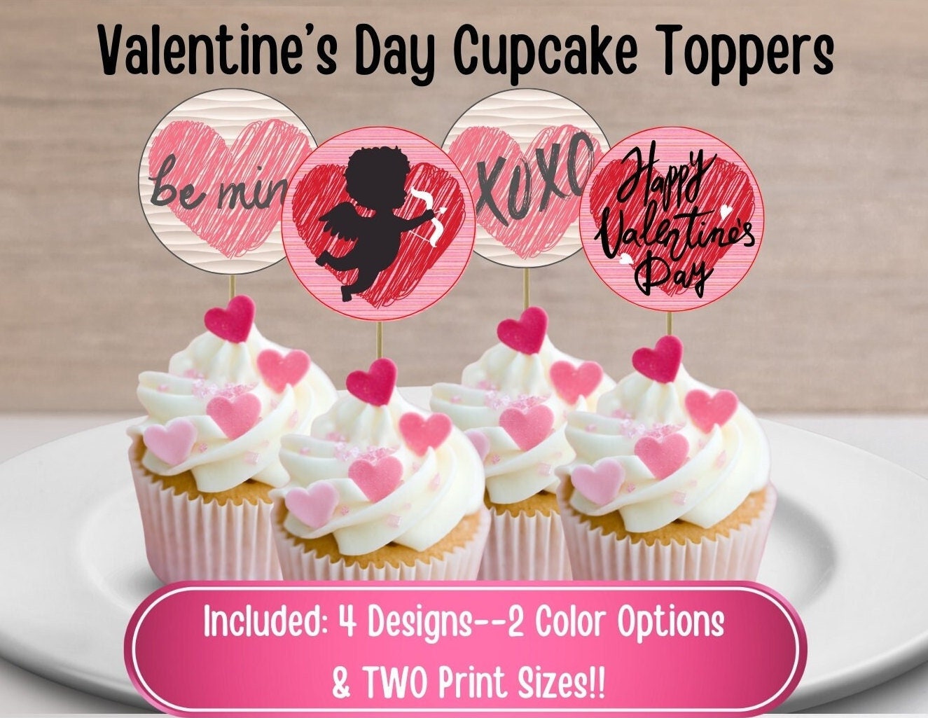 Valentine's Day Cupcake Toppers in Red and Pink Versions, Valentine Treat Bag Tags, Pink and Red ...