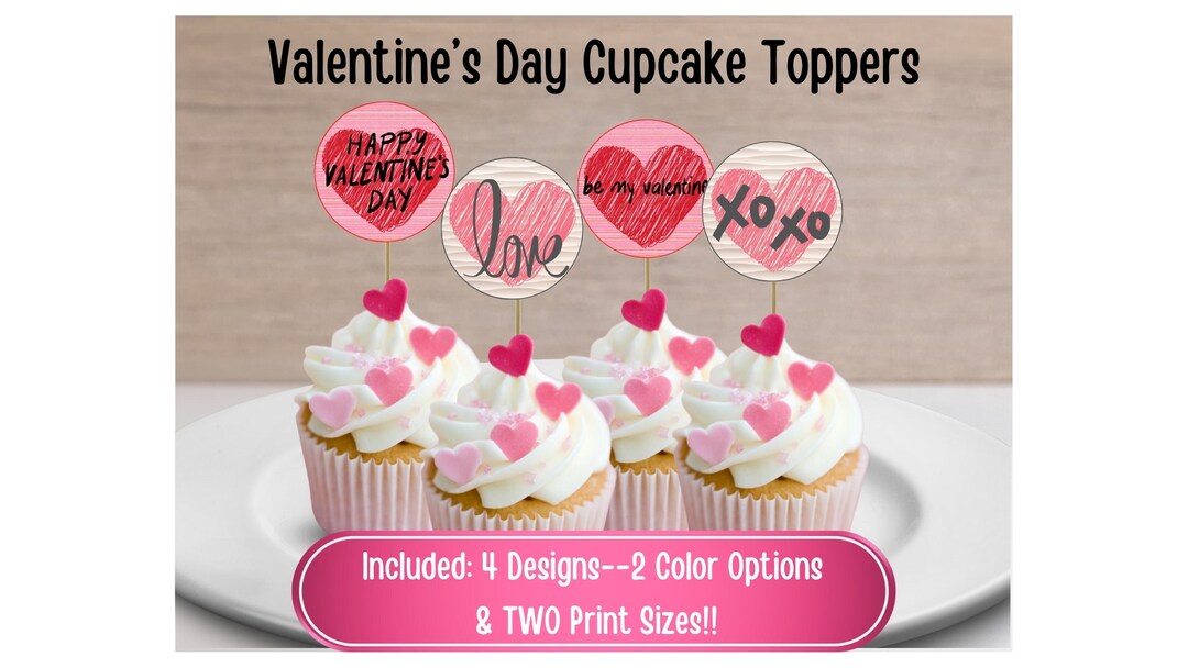 Valentine's Day Cupcake Toppers in Red and Pink Versions, Valentine ...