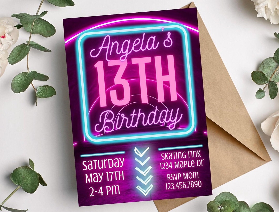 Neon Pink Birthday Invitation Editable Digital Template, Instant ...