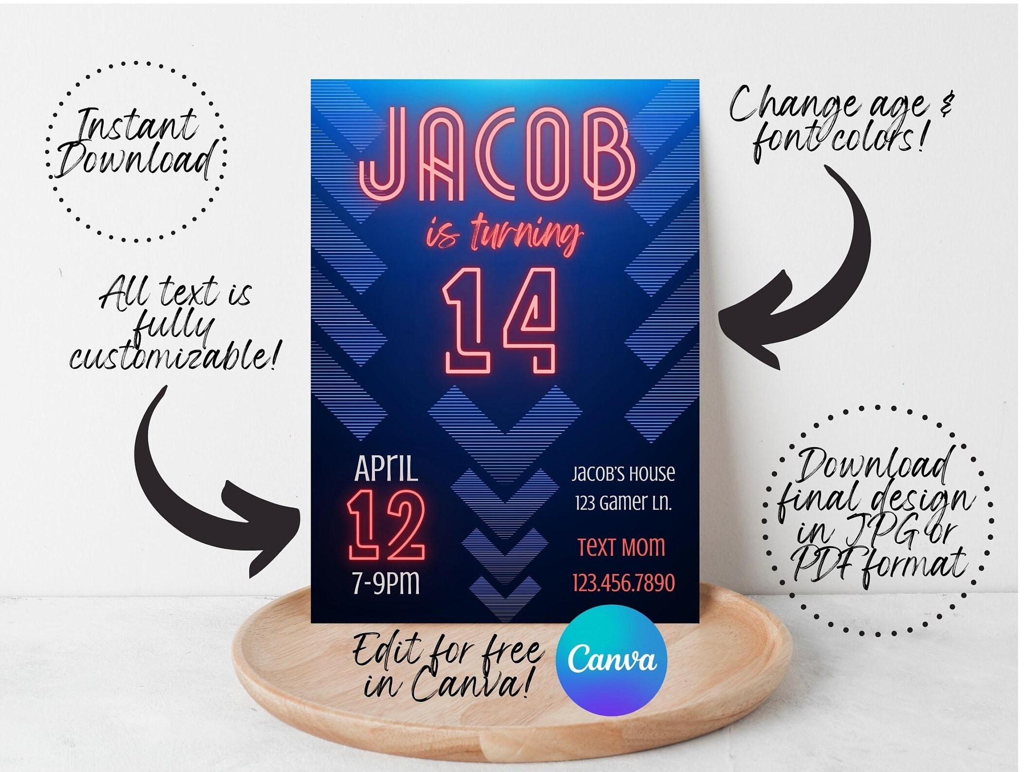 Neon Blue and Red Teen Boy Birthday Invitation Editable Digital ...