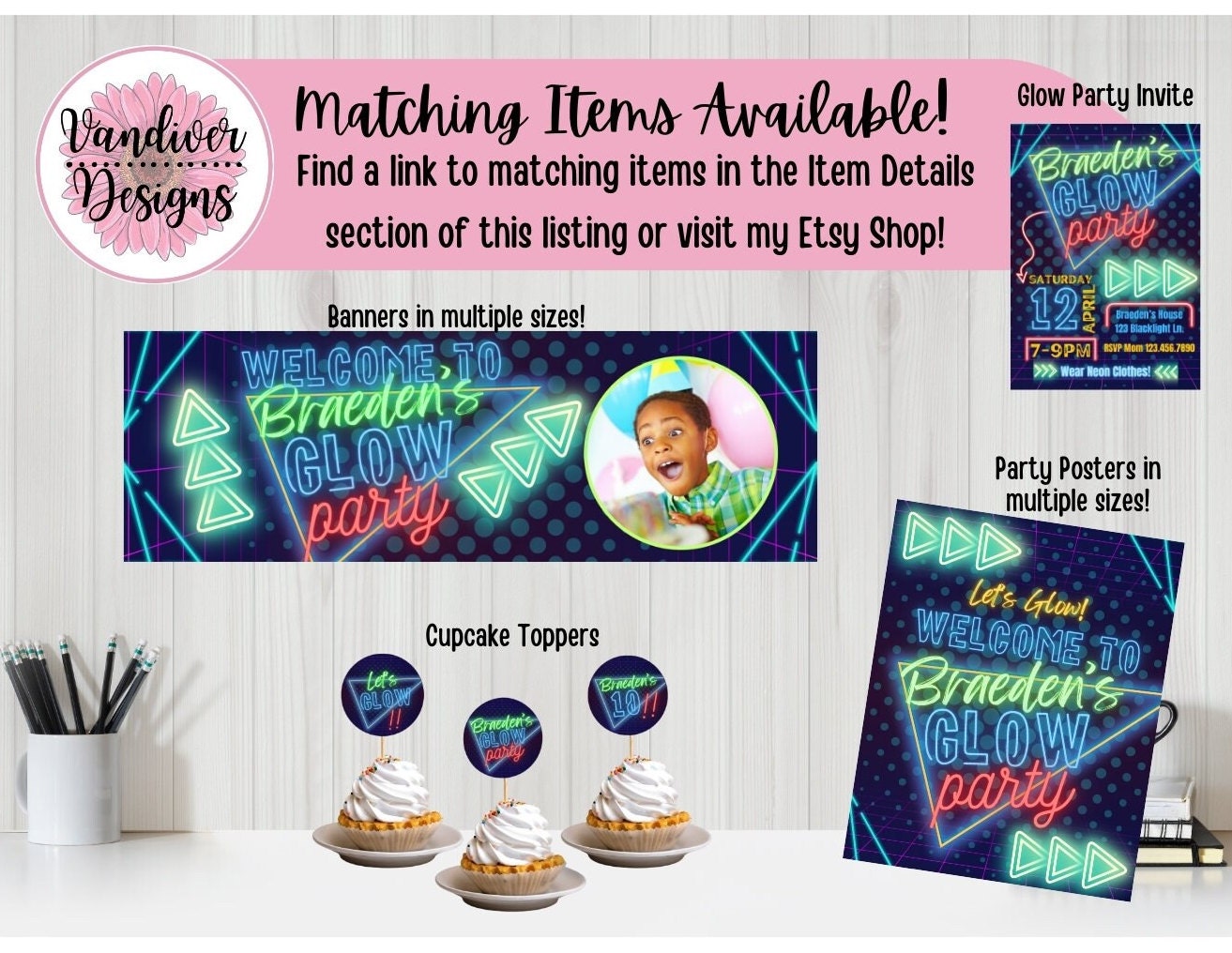 Glow Party Cupcake Toppers, Neon Boy Birthday Editable Cupcake Toppers ...