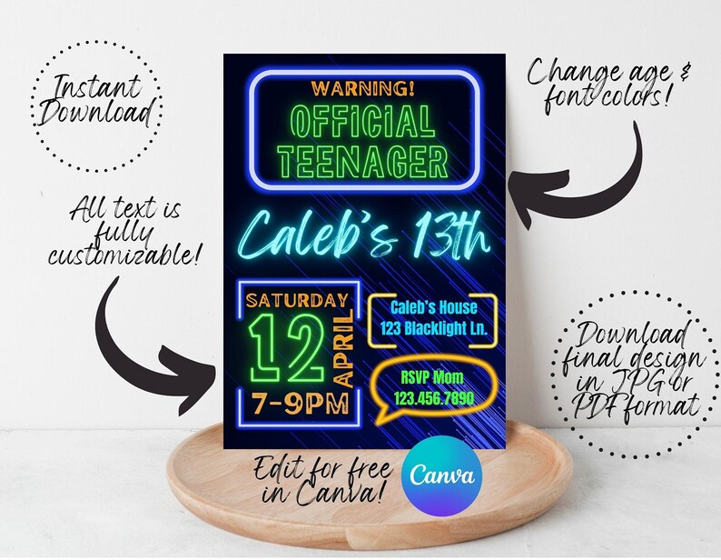 Warning Official Teenager Blue Neon Glow Party Birthday Invitation ...