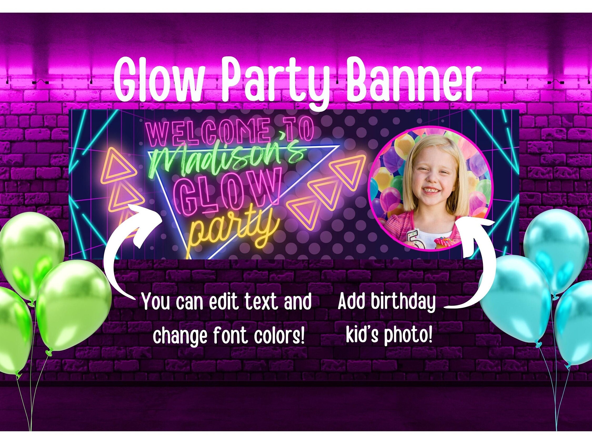 Glow Party Birthday Banner, Editable Neon Party Decor, Teen Girl Party ...