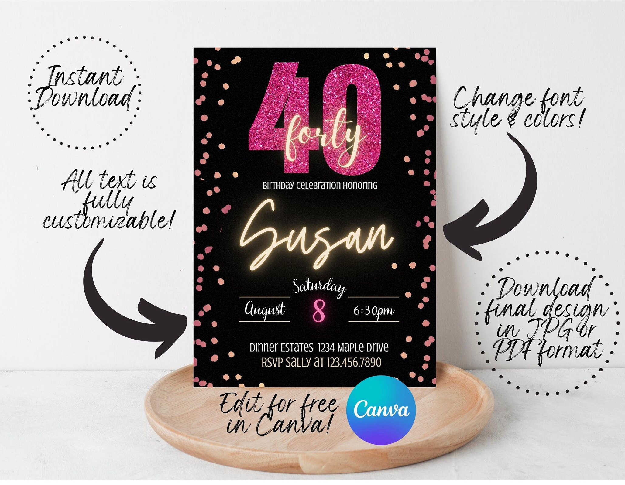 40th Pink Glitter Birthday Invitation Editable Digital Template, Neon ...