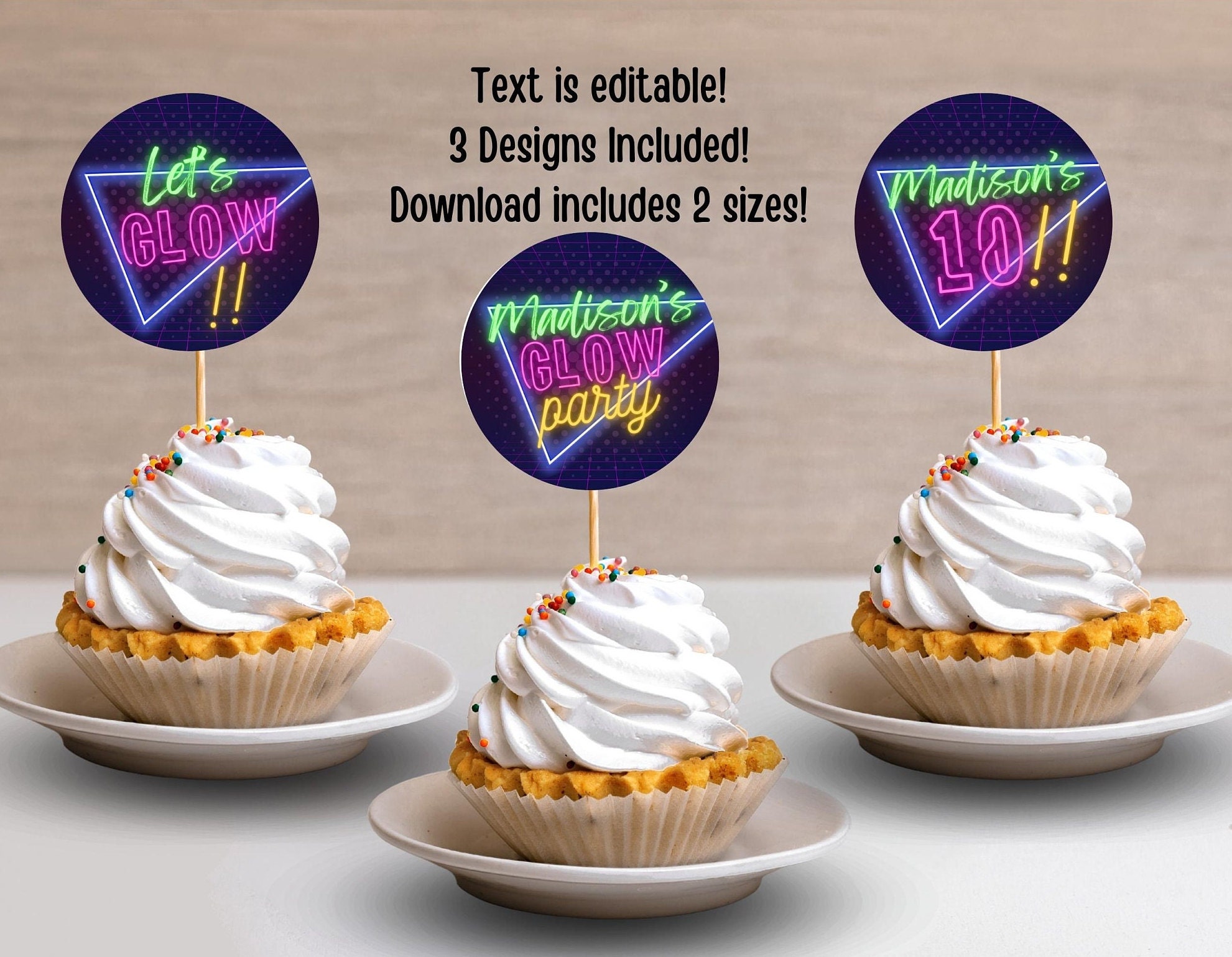 Glow Party Cupcake Toppers, Neon Girl Birthday Editable Cupcake Toppers ...