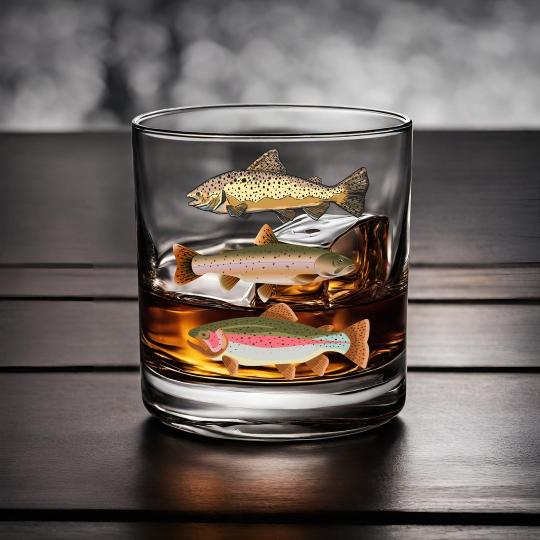Trout Whiskey Bar Glass, Trout Rocks Glass, Fishing Whiskey Tumbler ...