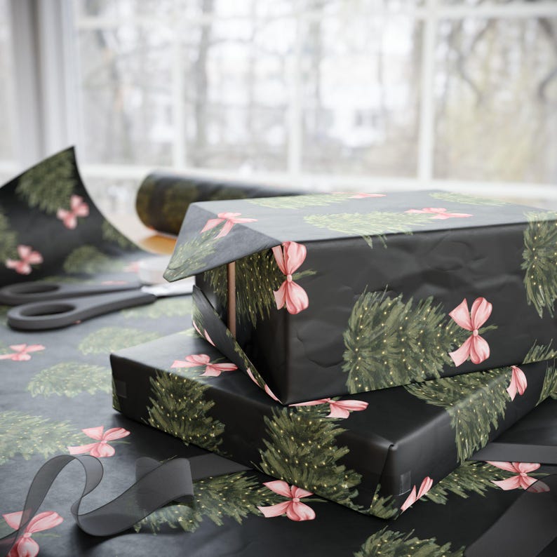 Coquette Christmas Tree Wrapping Paper, Christmas Gift Wrap Roll ...