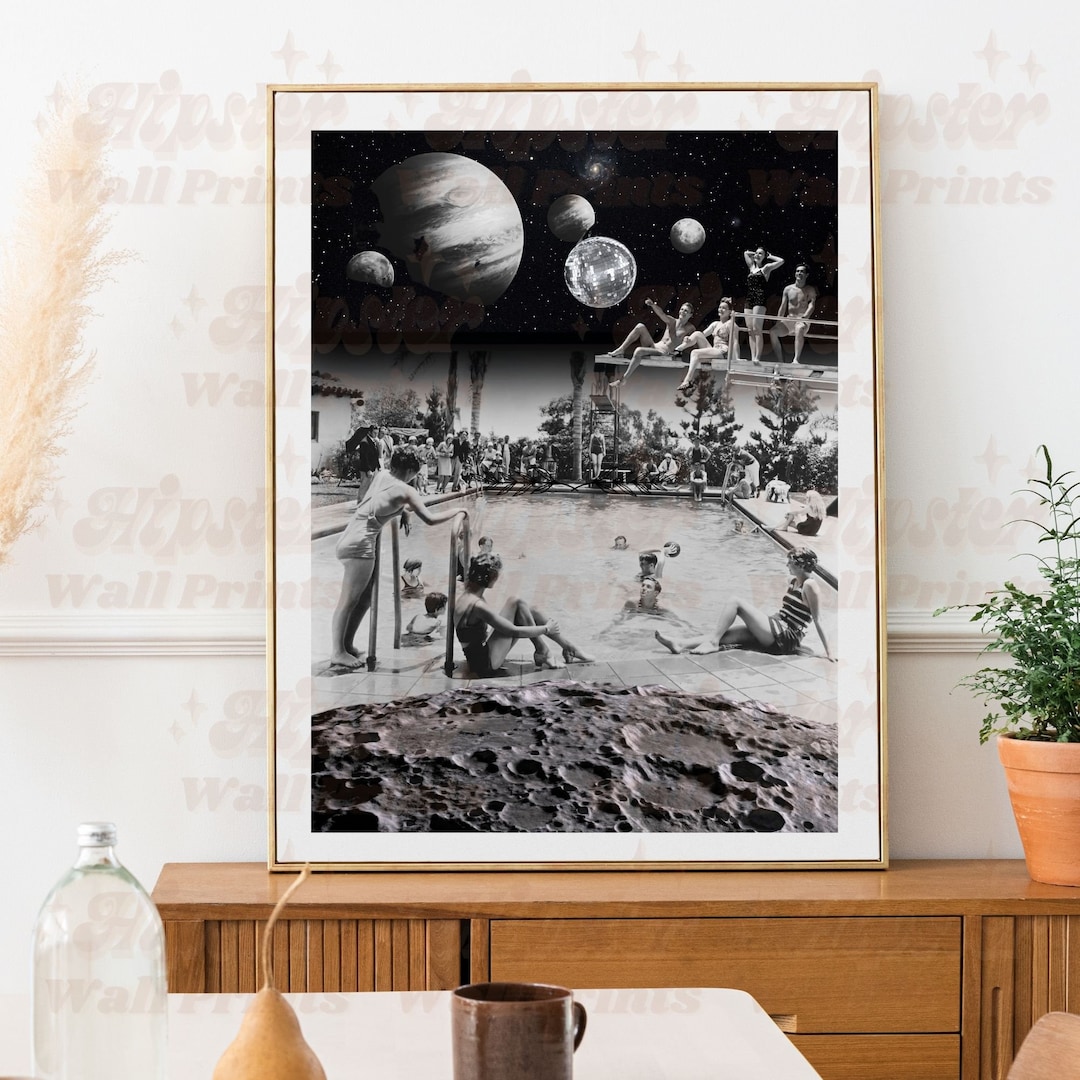 Retro Surreal Moon Art Print Black White Moon Collage, Vintage Moon Art ...