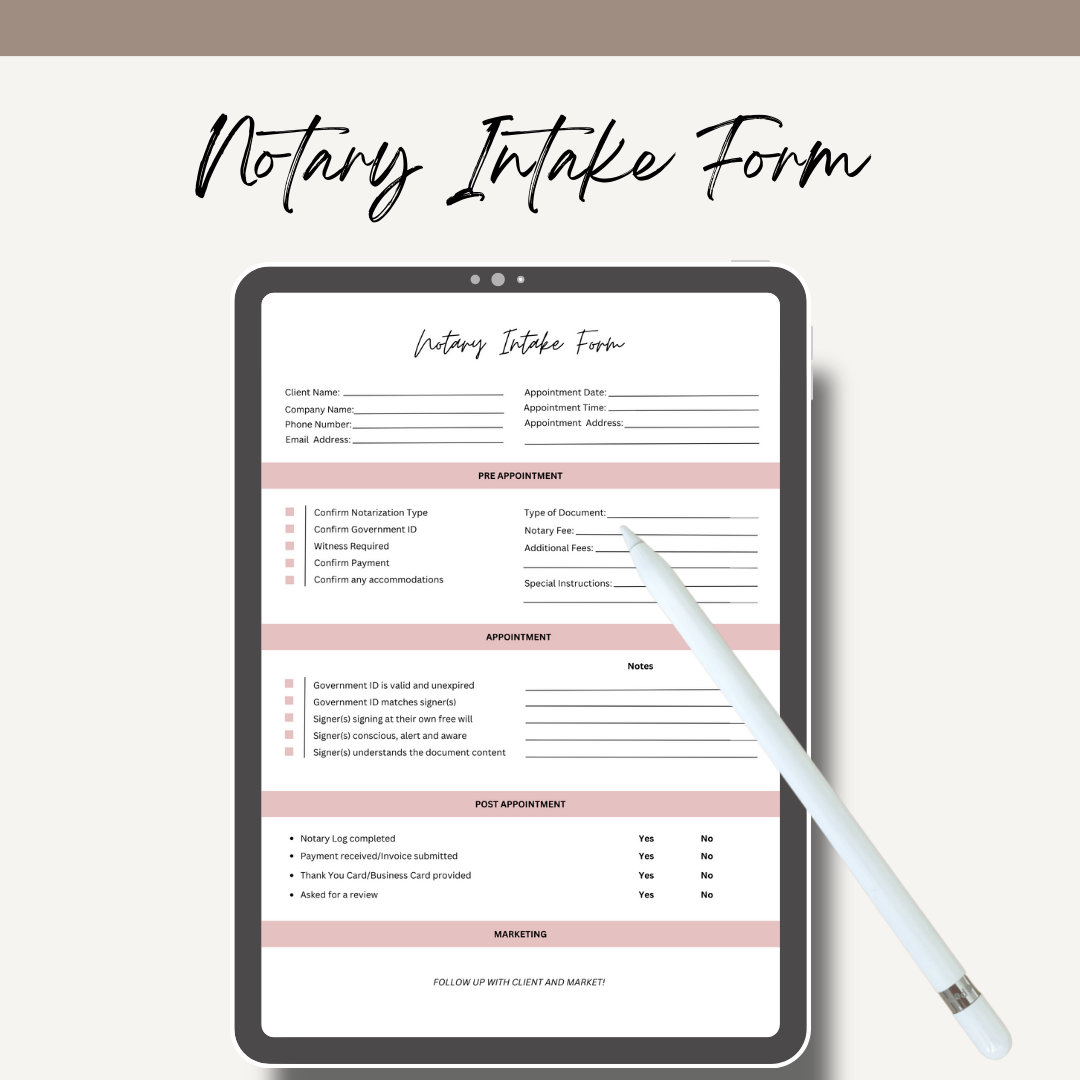 Notary Intake Form | Notary Forms | Appointment Checklist - Etsy