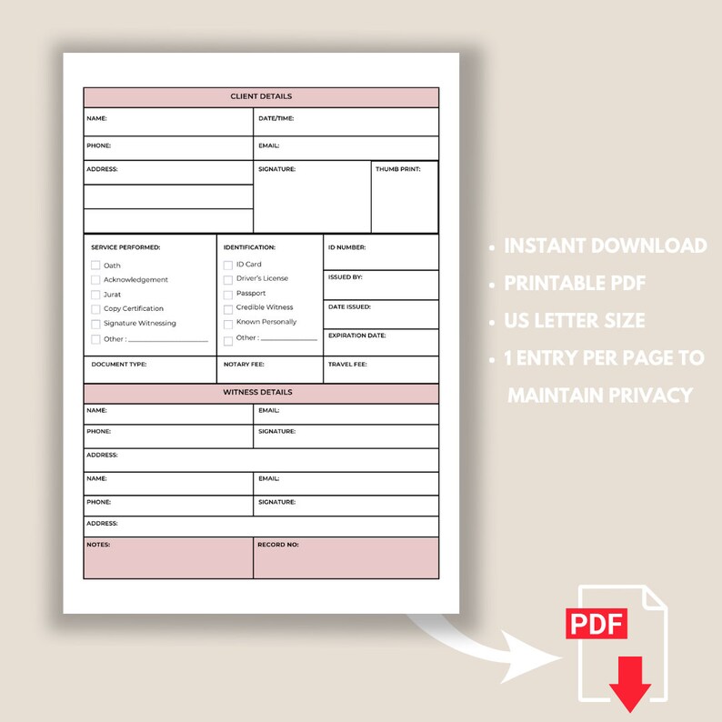 Printable Notary Journal | Notary Log | Printable PDF | Notary Record ...