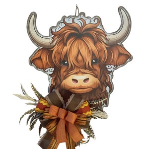 Handmade Highland Cow Door Decor With Autumn Ribbon, Farmhouse Wreath ...