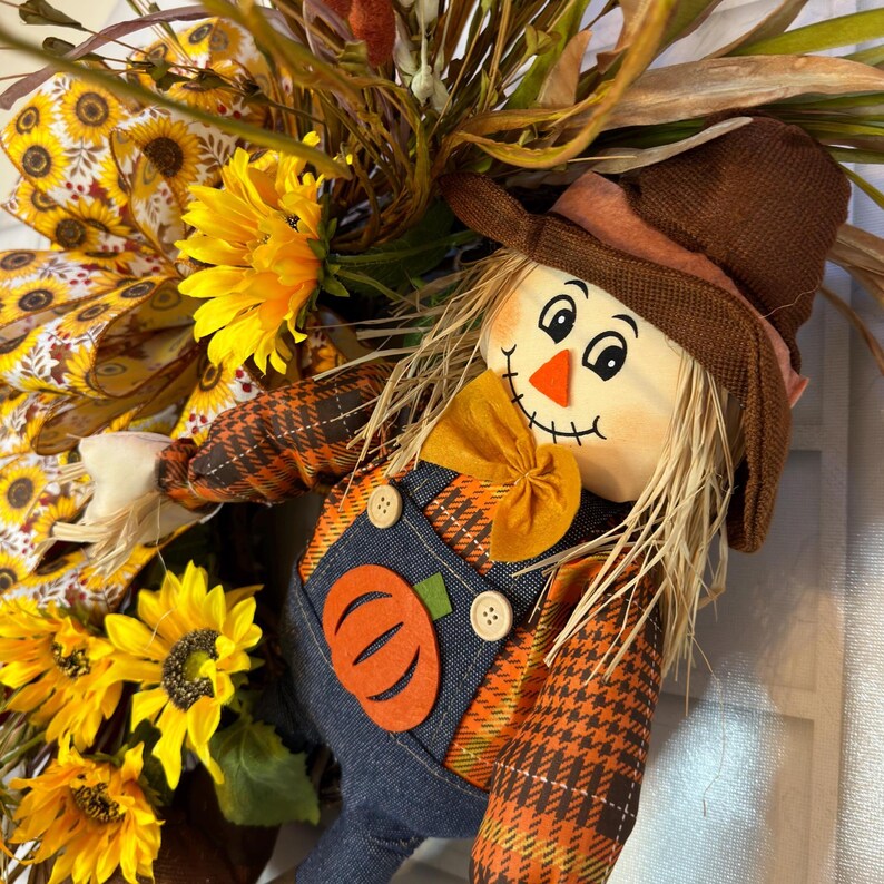 Scarecrow Grapevine Fall Swag With Sunflowers and Bow, Rustic Autumn ...
