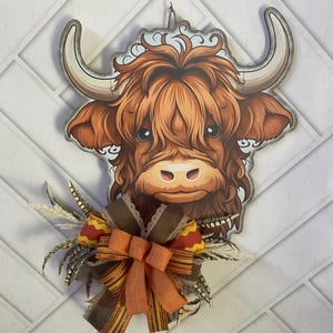 Handmade Highland Cow Door Decor With Autumn Ribbon, Farmhouse Wreath ...