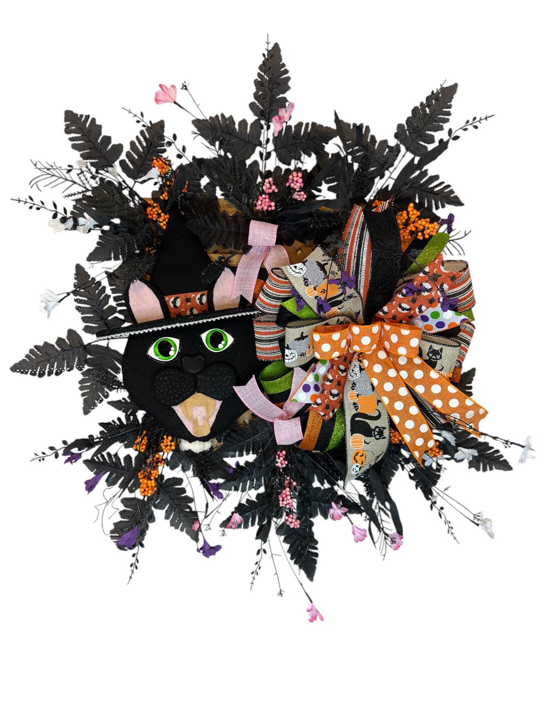 Halloween Black Cat Wreath: Witch Hat Door Decor, Spooky Wall Hanging ...
