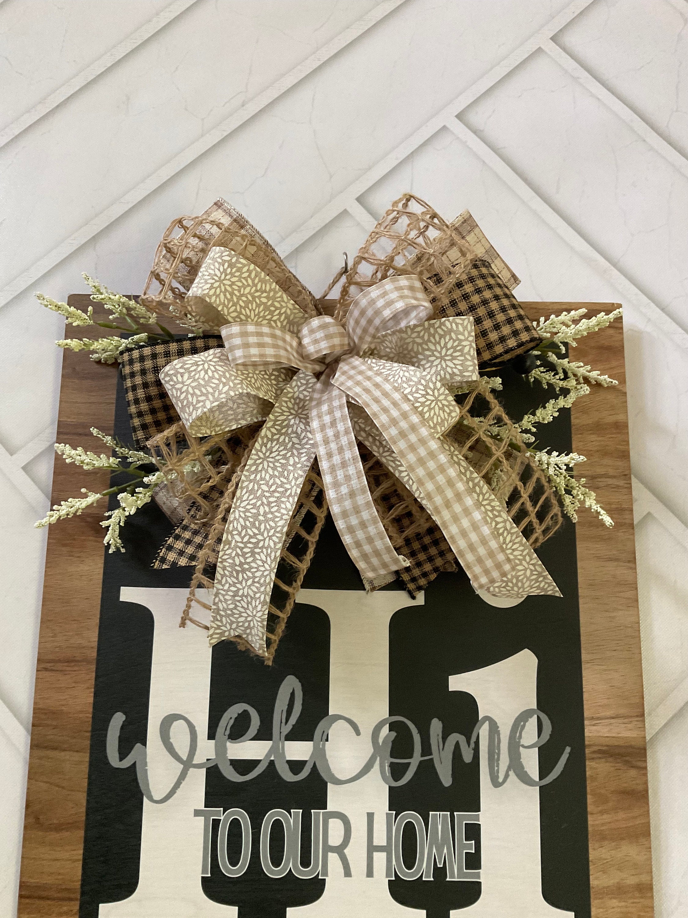 Rustic Welcome Sign With Bow - Handmade Wood Decor, Burlap Ribbon ...