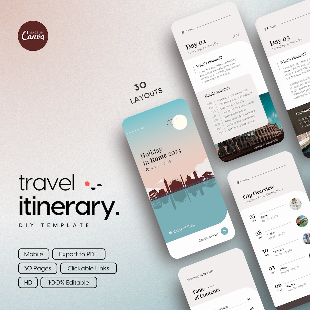 Canva Mobile Itinerary DIY Template (italy Landmarks Cover) | Mobile ...