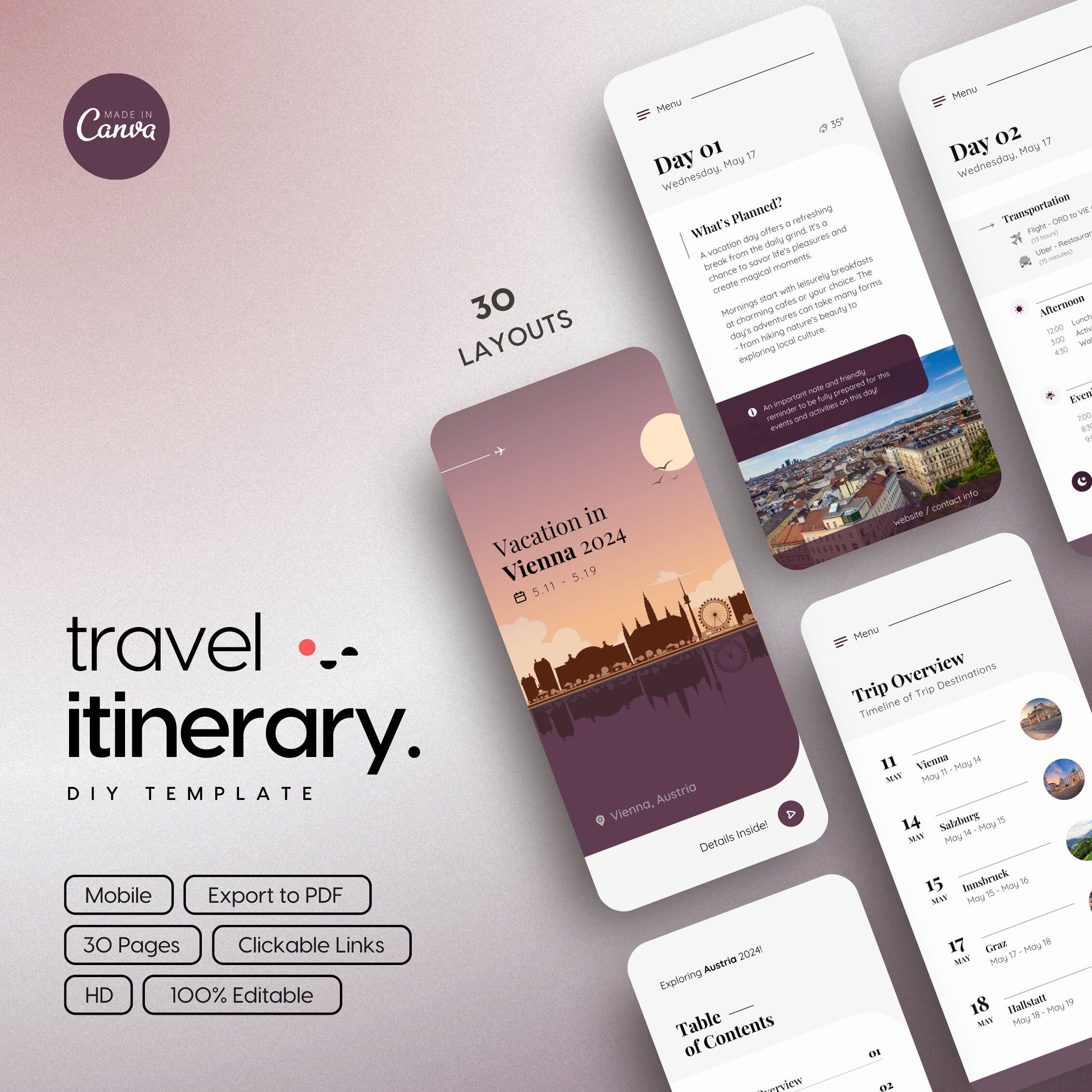 Canva Mobile Itinerary DIY Template vienna, Austria Cover Vacation Trip ...