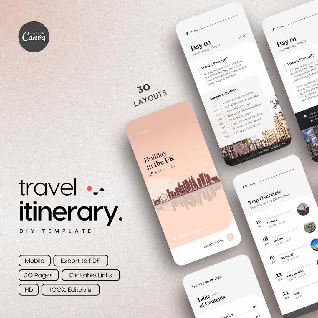 Canva Mobile Itinerary DIY Template (london, England Cover) | Travel ...
