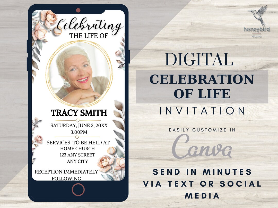 Memorial Service Invitation, Digital Funeral Invitation, Golden Floral ...