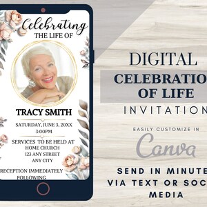 Memorial Service Invitation, Digital Funeral Invitation, Golden Floral ...