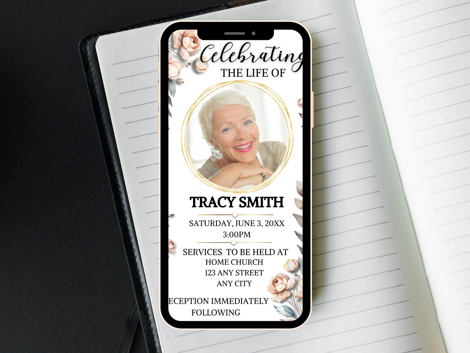 Memorial Service Invitation, Digital Funeral Invitation, Golden Floral ...
