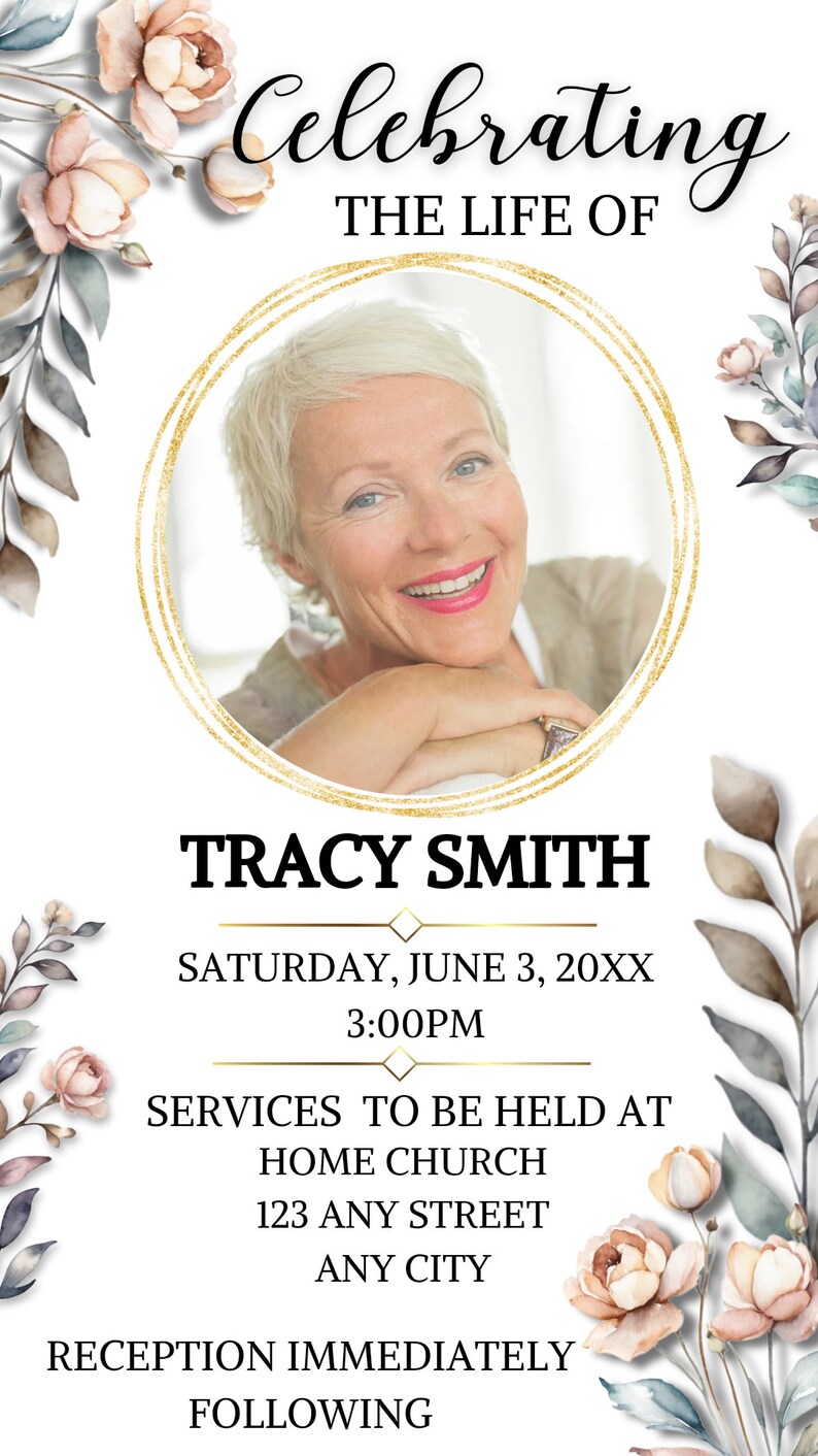 Memorial Service Invitation, Digital Funeral Invitation, Golden Floral ...