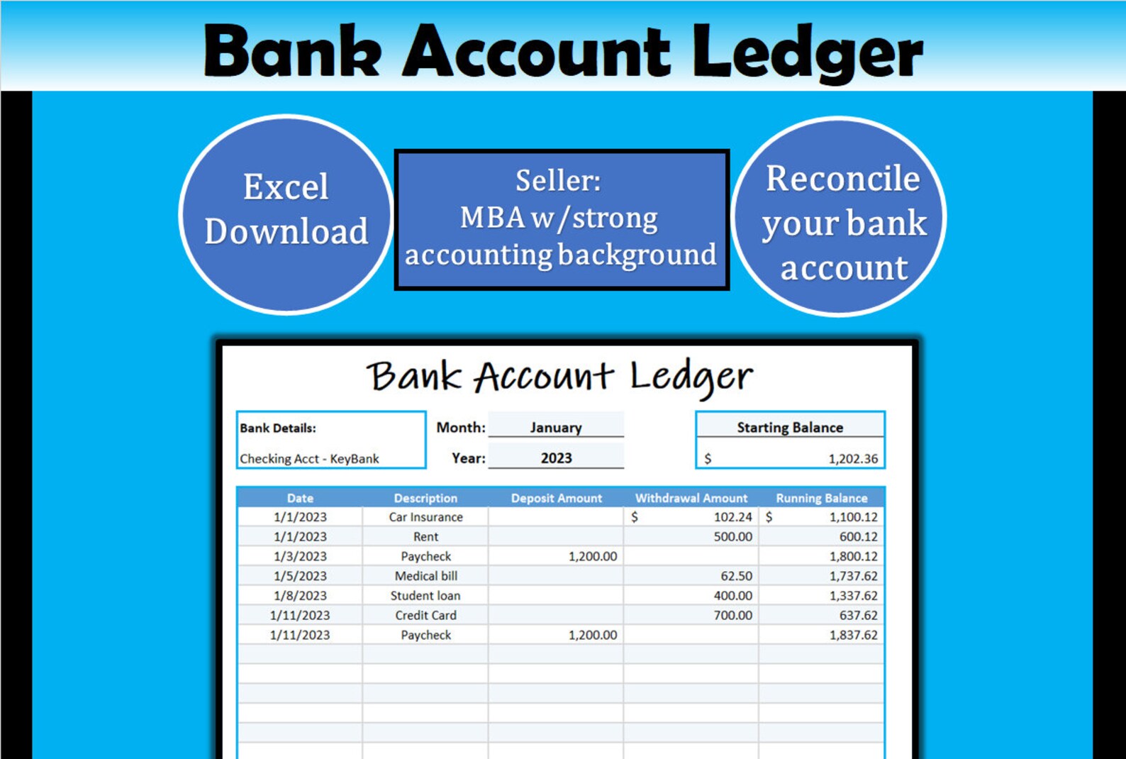 Bank Account Ledger Bank Reconciliation Excel Spreadsheet Financial ...