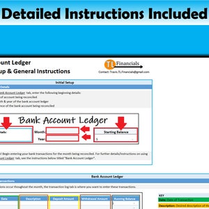 Bank Account Ledger Bank Reconciliation Excel Spreadsheet Financial Planning Tool Money ...