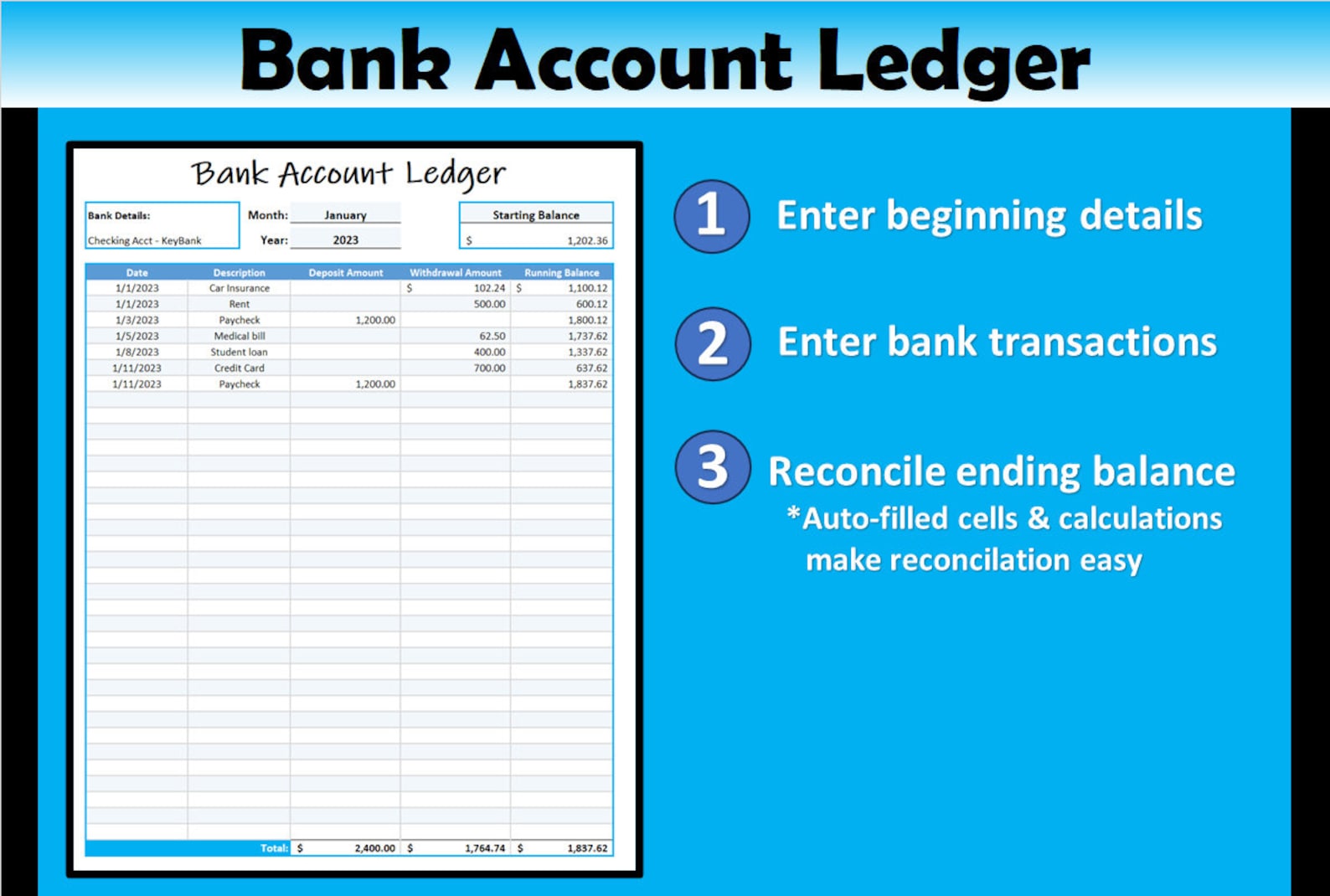 Bank Account Ledger Bank Reconciliation Excel Spreadsheet Financial ...